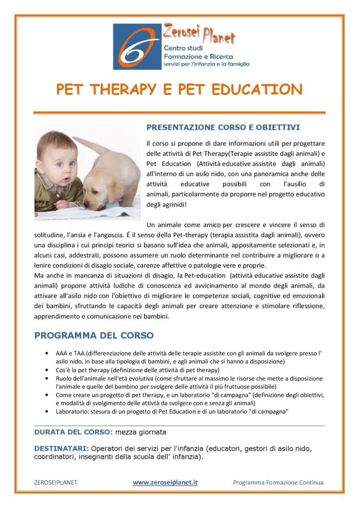 PET THERAPY E PET EDUCATION AL NIDO E ALL'INFANZIA - Zeroseiplanet